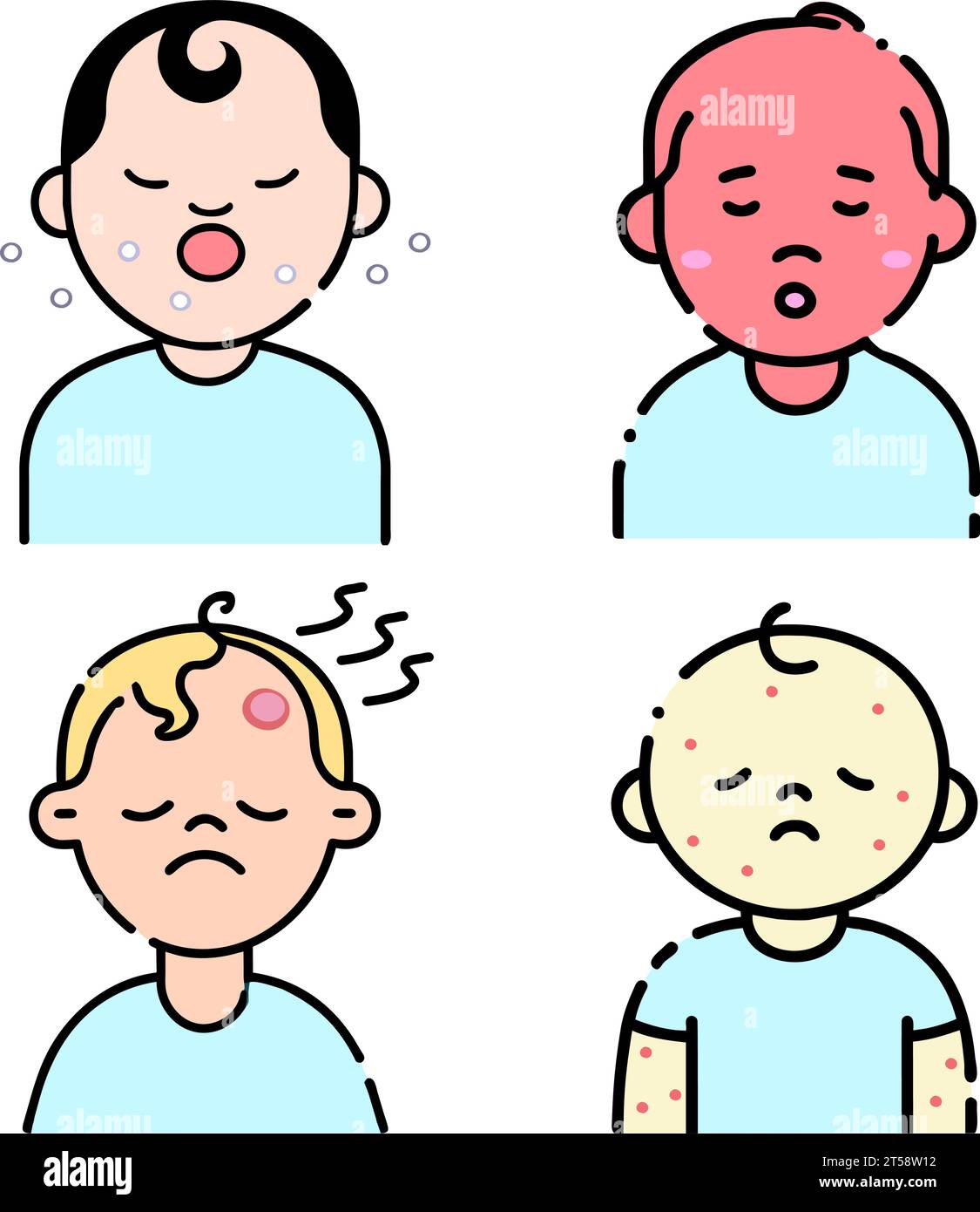 graphic illustrated Icon set sick kid belch fever temperature abscess ...