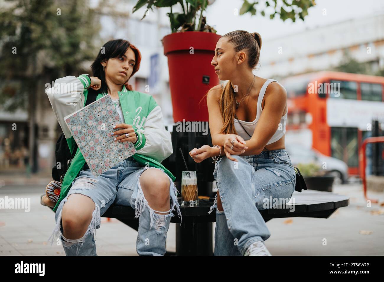 Two Schoolgirls Studying Together Outdoors, Preparing for an Exam Stock ...