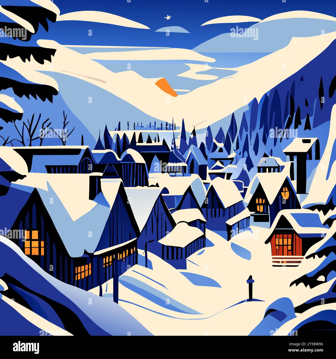 graphic illustrated Winter night time snow village rural cozy town vector Stock Vector Image ...