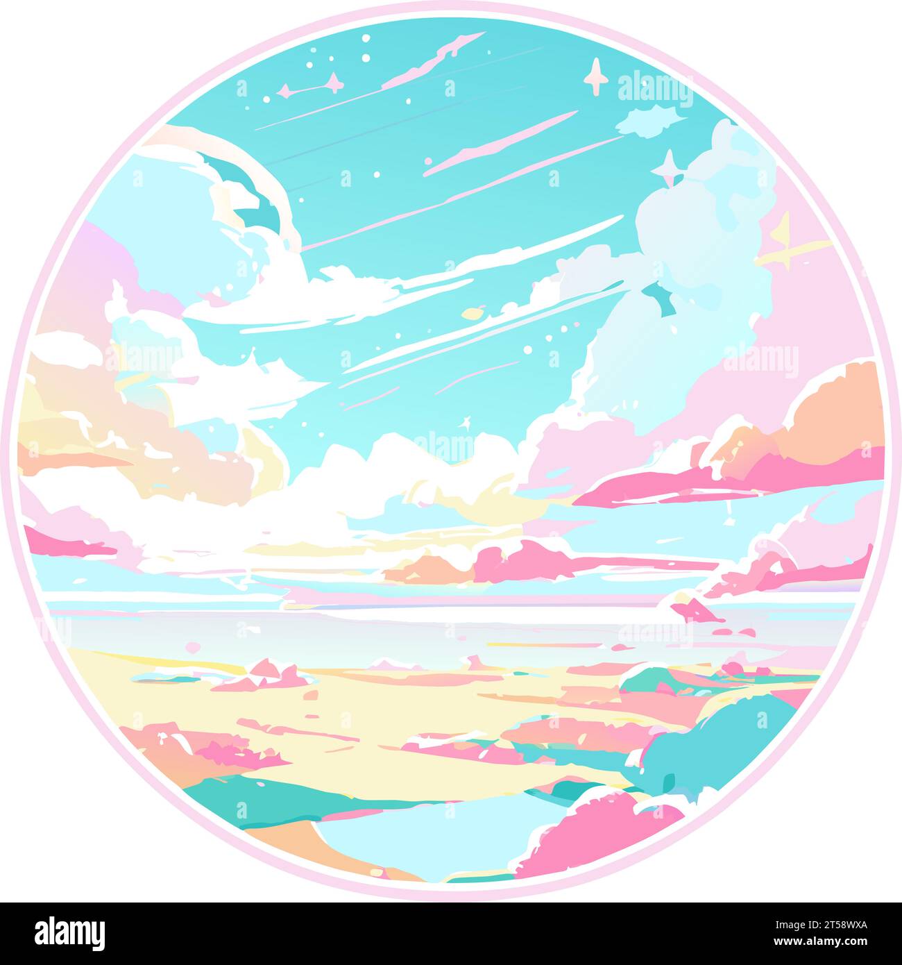 graphic illustrated Sky clouds of land external view outside circle ...