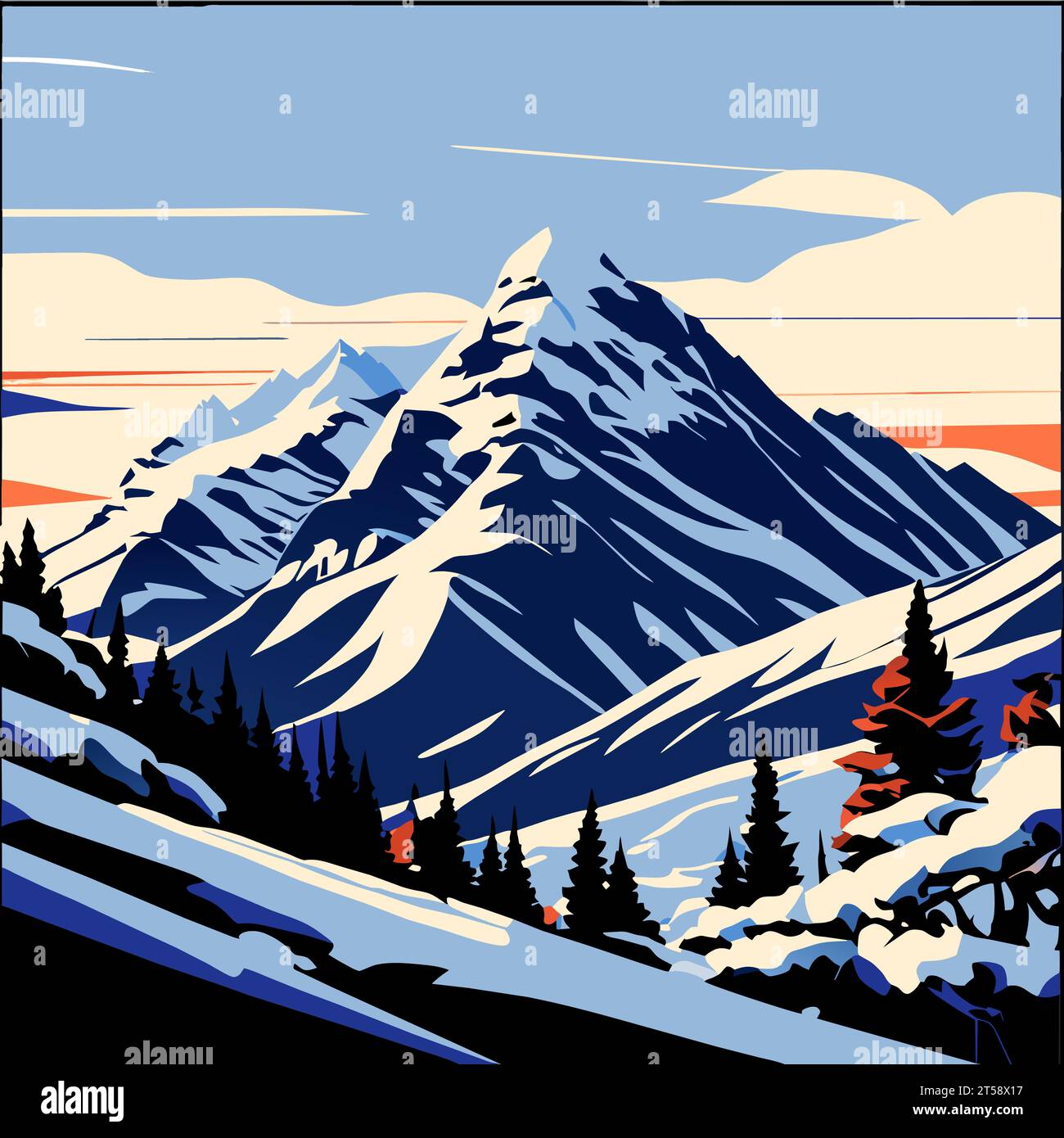 graphic illustrated Winter night time snowy mountains high landscape ...