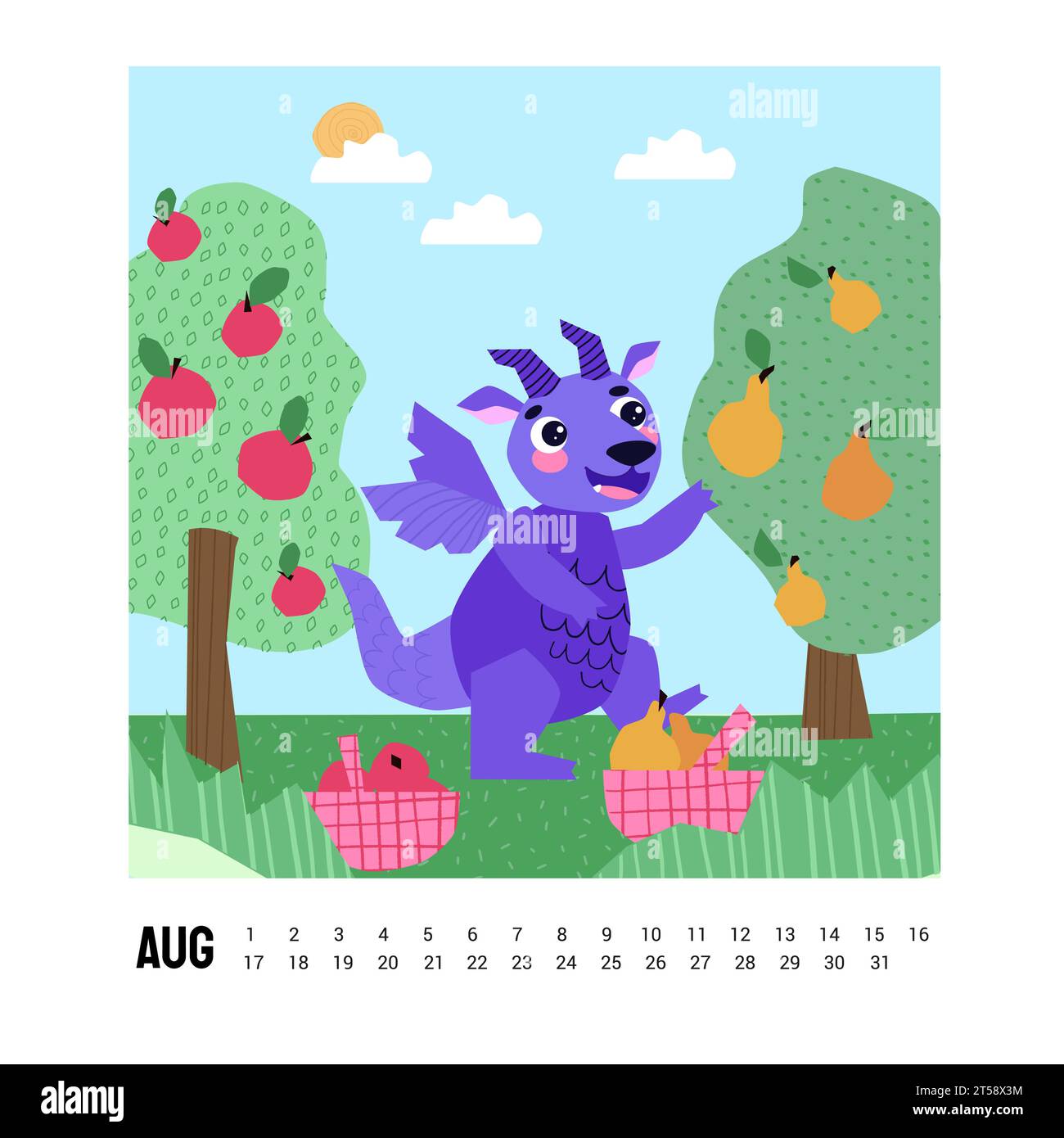 Dragon harvesting in an orchard. August. Summer time. Apple and pear ...