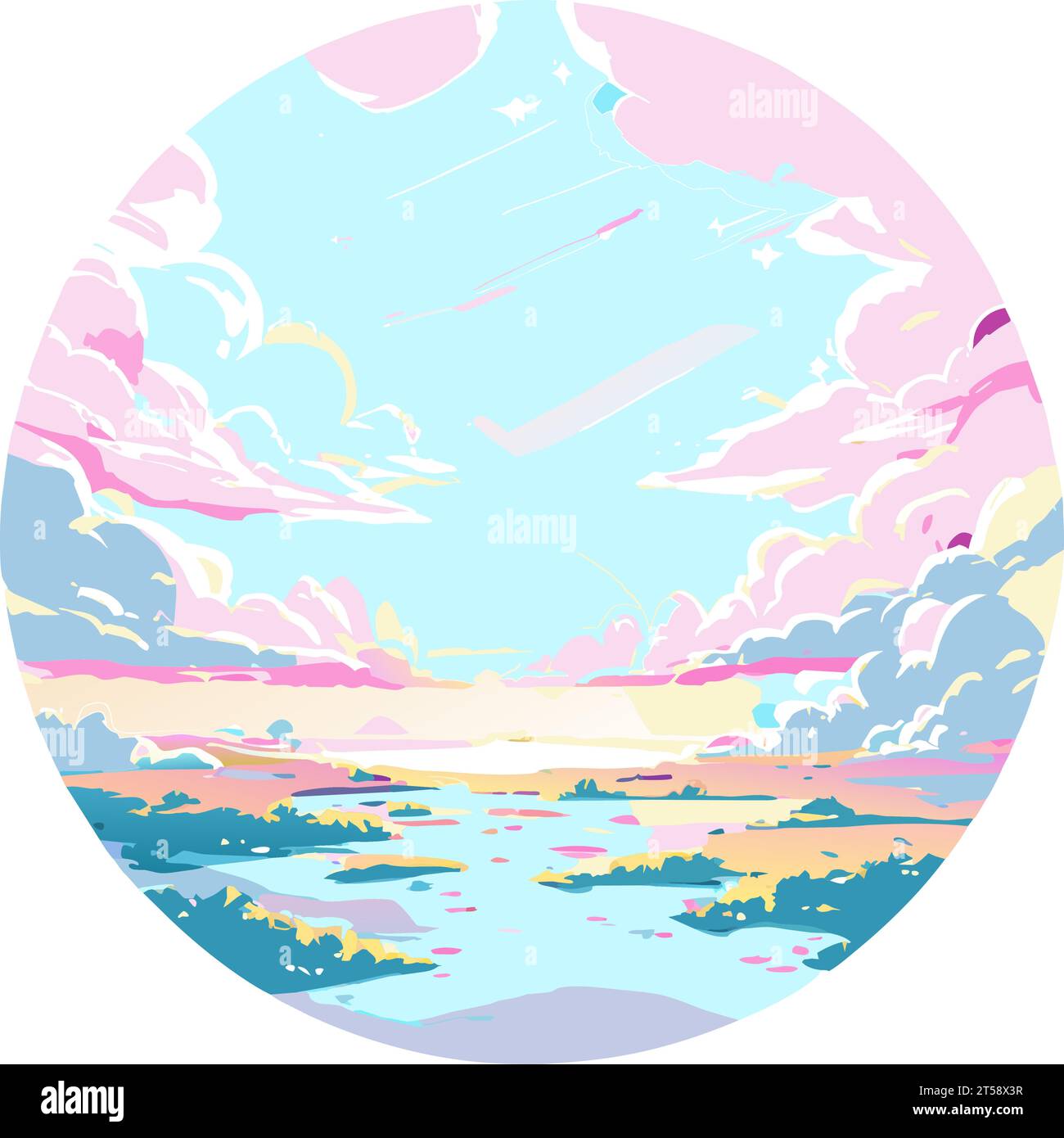 graphic illustrated Sky clouds stream river dream land circle open ...