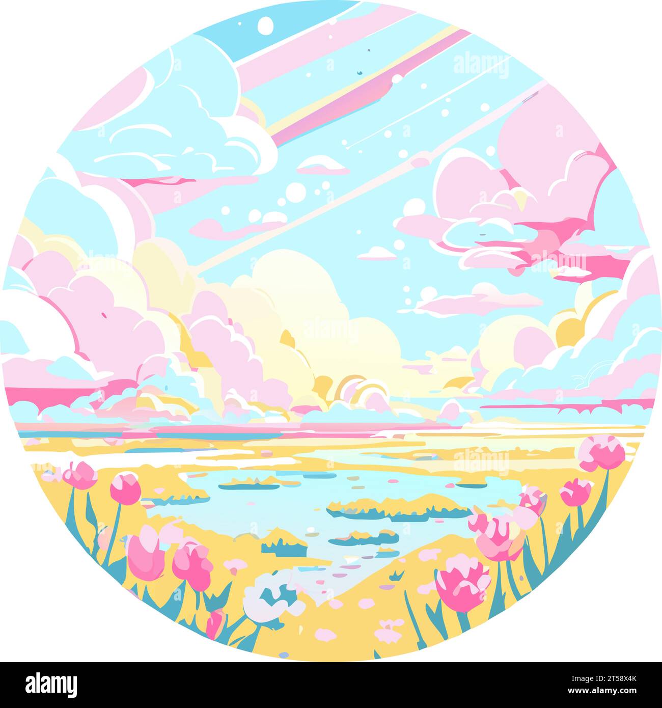 graphic illustrated Sky clouds view outside circle window flower field ...
