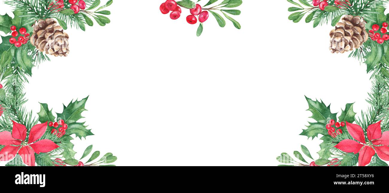 Horizontal watercolor Christmas border, frame. Hand drawn illustration ...