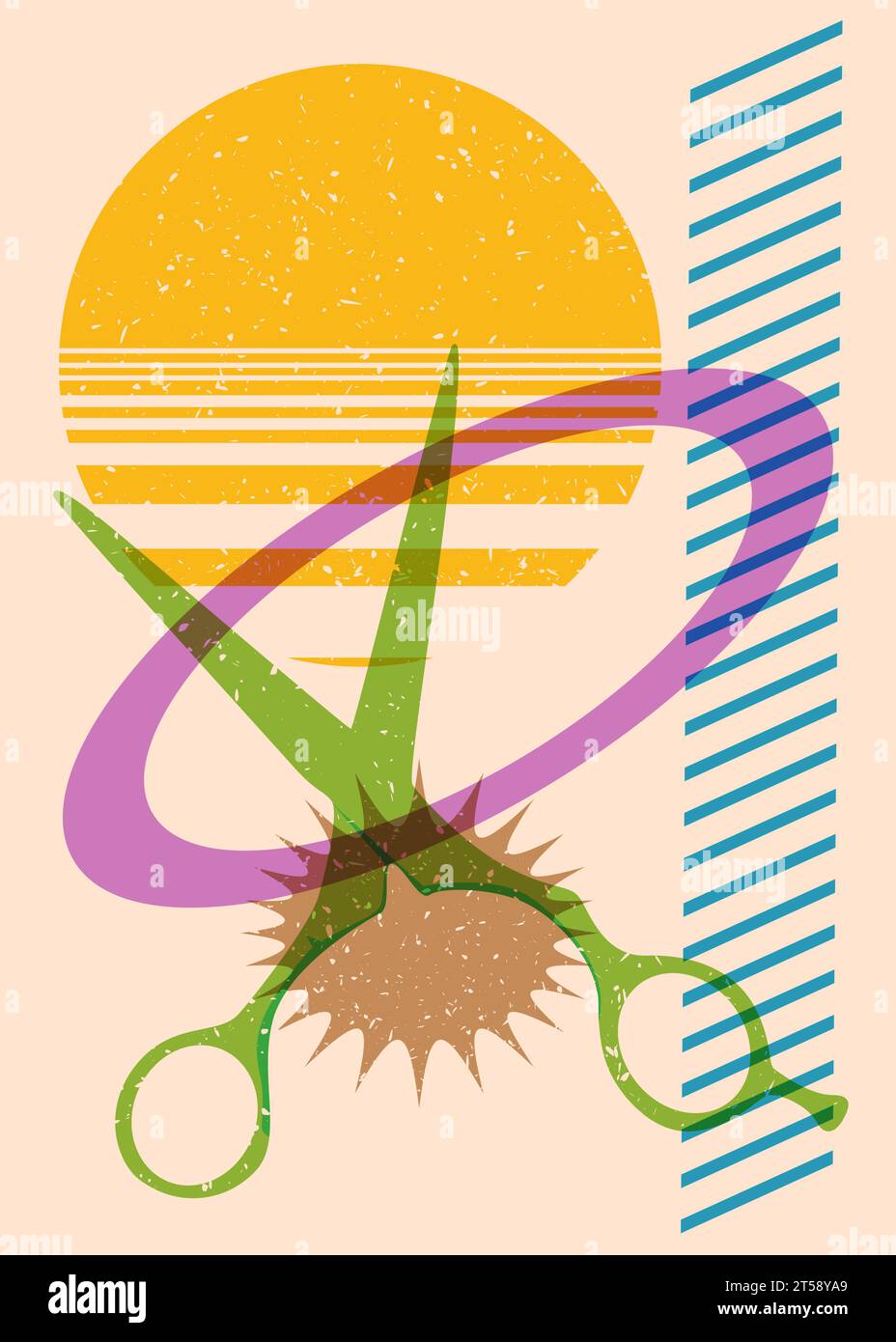 Risograph scissor with geometric shapes. Objects in trendy riso graph ...