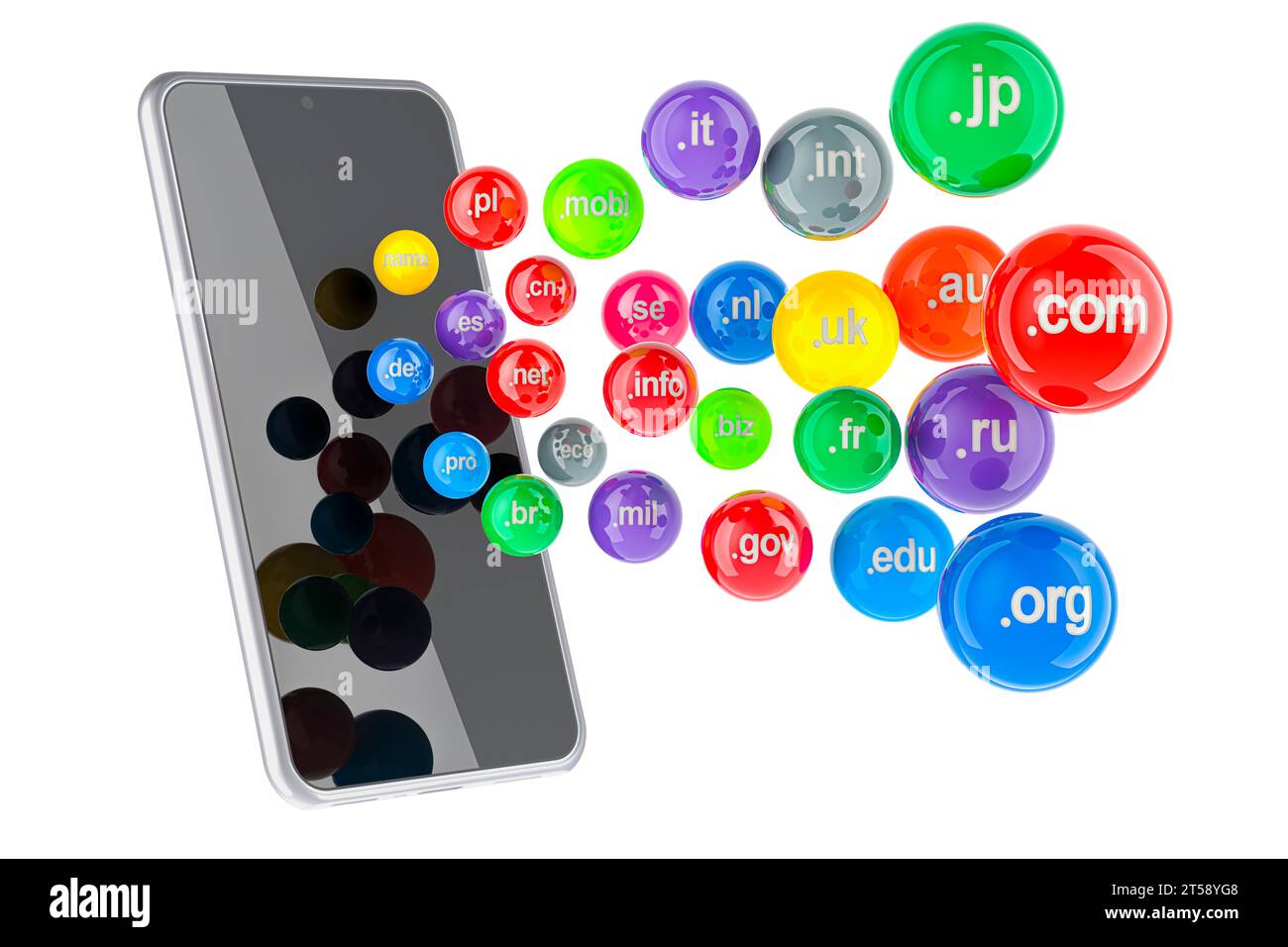 Mobile phone with domain names, 3D rendering isolated on white ...