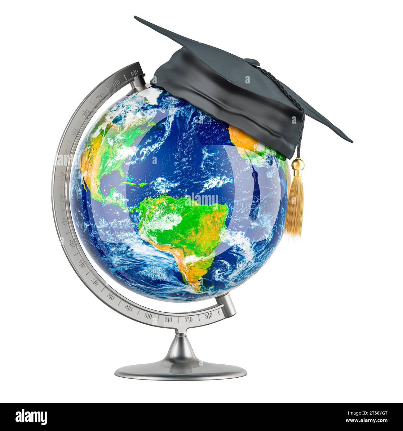 World Globe with graduate cap. Global education concept, 3D rendering ...