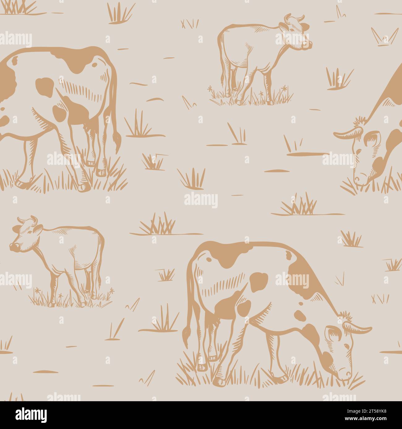 Hand engraved cows grazing on meadow seamless pattern. Vintage ...