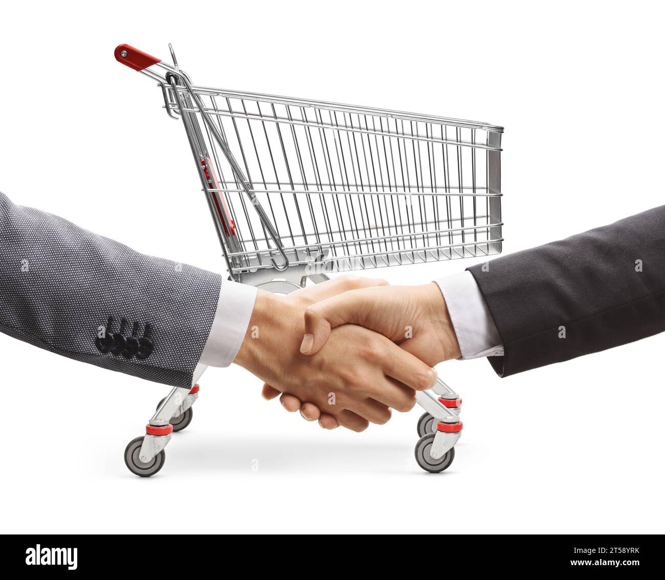 Businessmen shaking hands in front of a shopping cart isolated on white ...