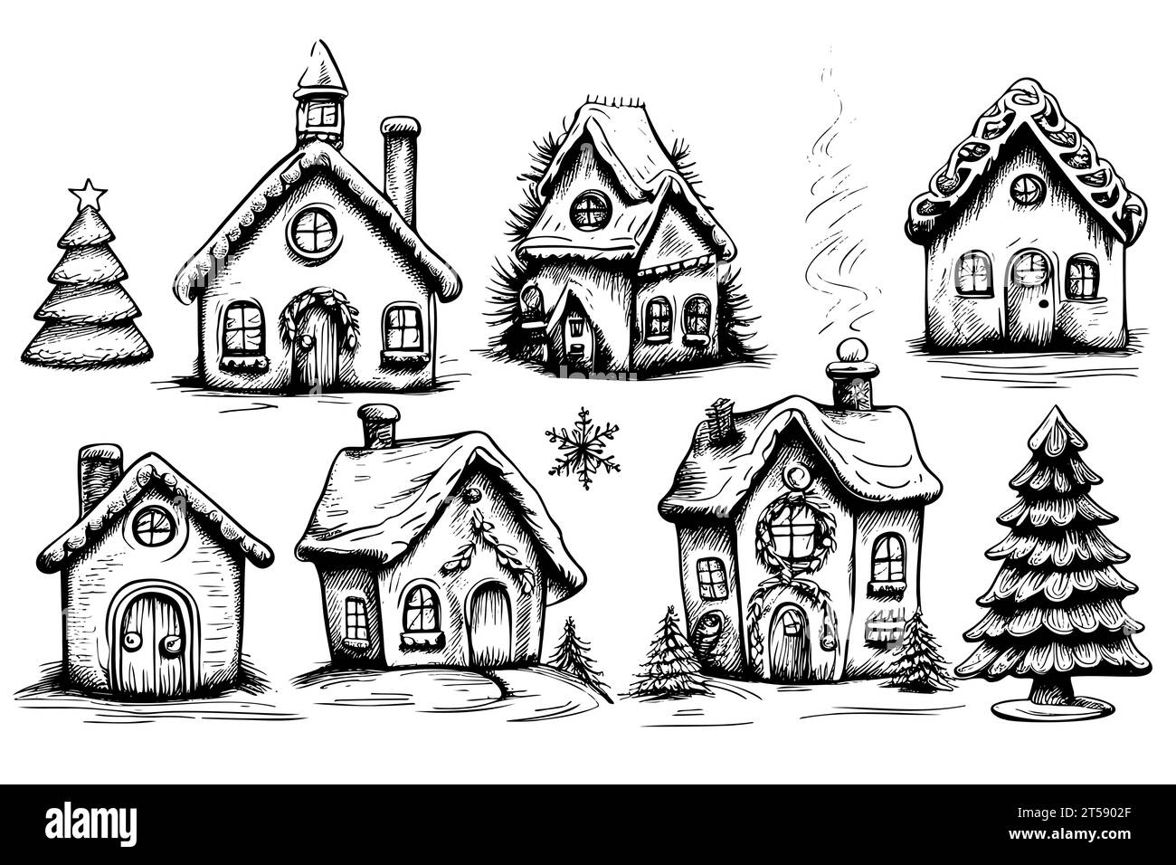 set hand drawn sketches. Cute cottage Christmas tree and paraphernalia ...