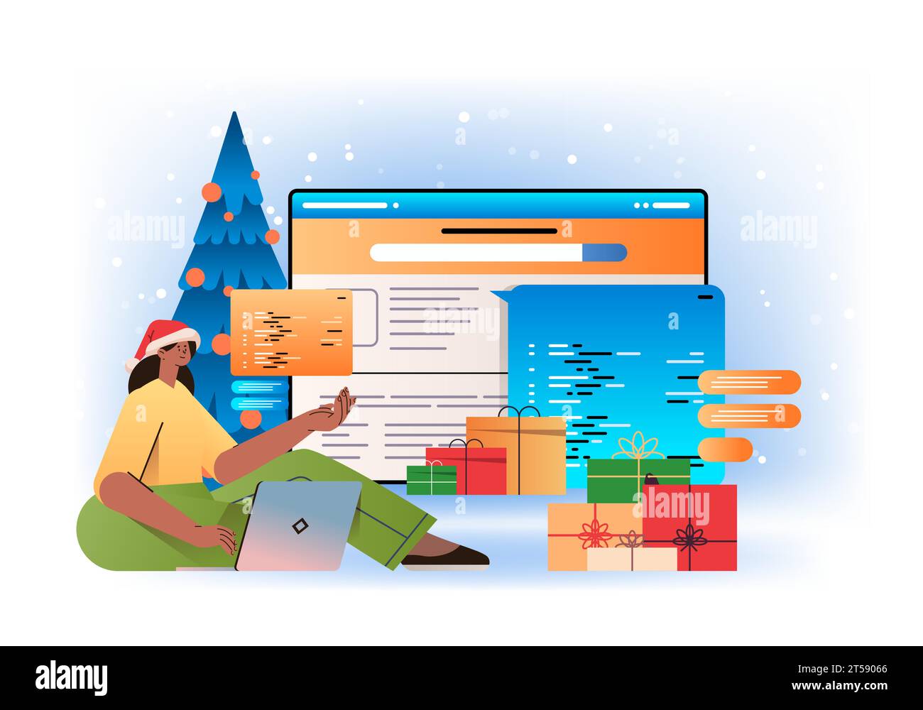 web developer woman in santa hat creating program code on laptop screen ... web developer woman in santa hat creating program code on laptop screen ...