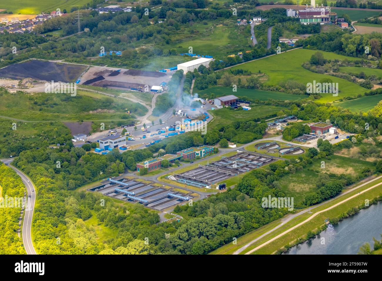 Aerial view, landfill, fire site waste incineration, fire and smoke ...