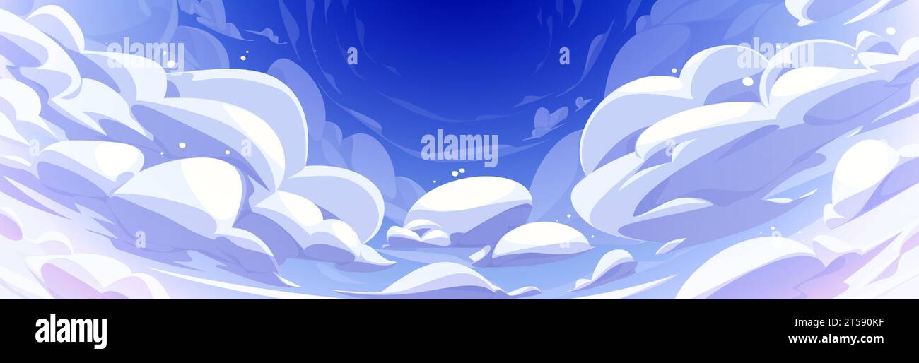 Blue anime sky background with fluffy cute curve shaped clouds. Cartoon ...
