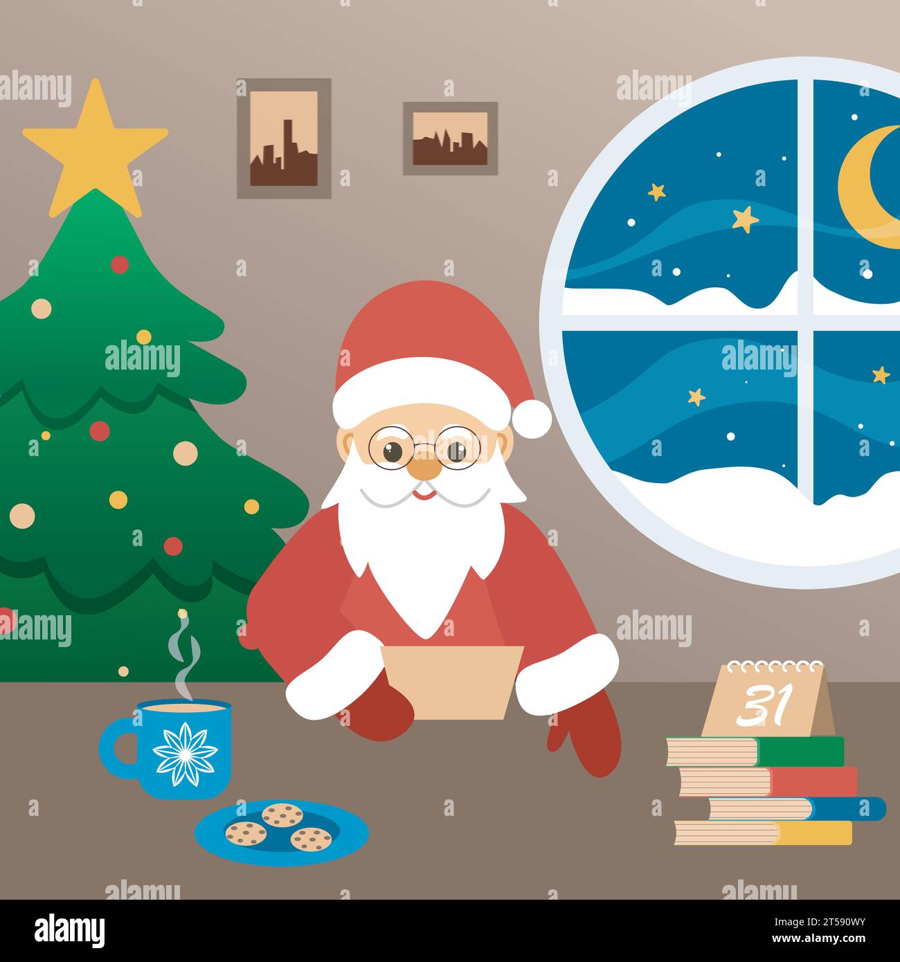 Santa reads letter on New Year's Eve. Cute winter character santa claus ...