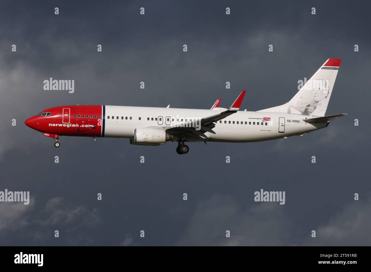 A Boeing 737-800 of Norwegian with tail art dedicated to author Karen ...