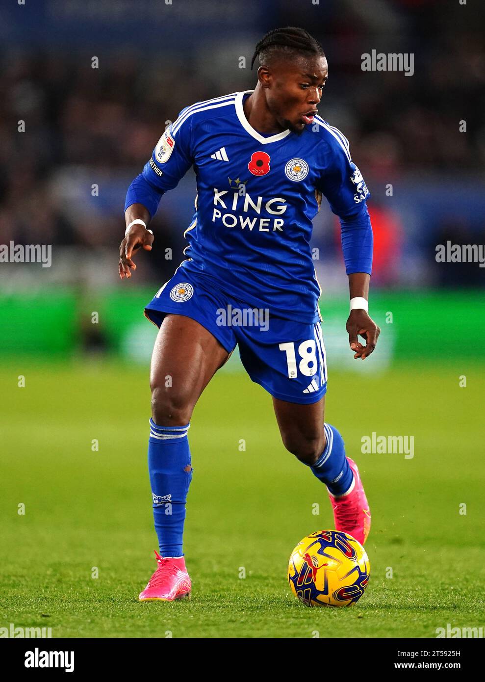Leicester City's Abdul Fatawu in action during the Sky Bet Championship ...