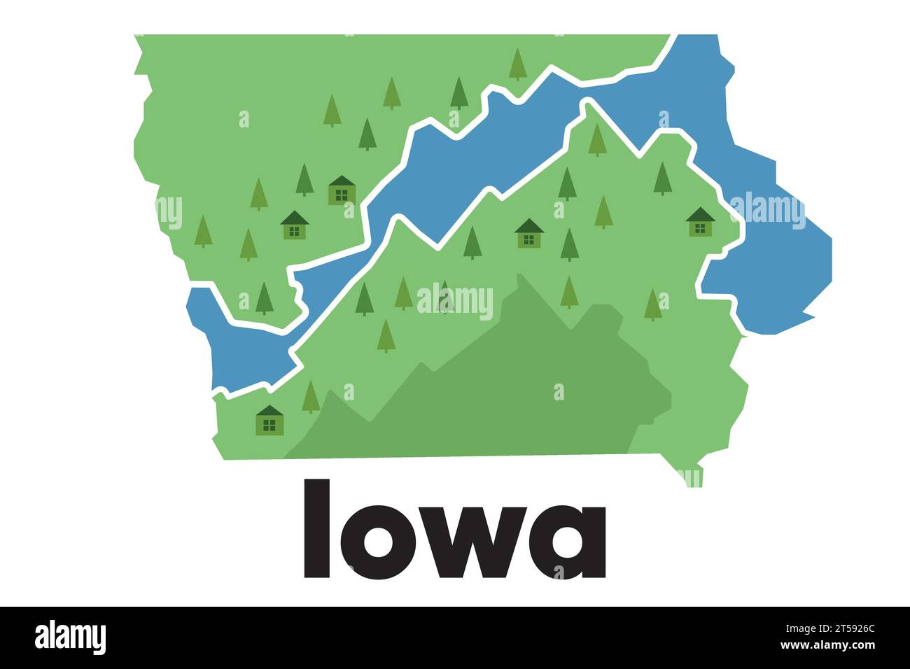 Iowa map shape United states America green forest hand drawn cartoon ...