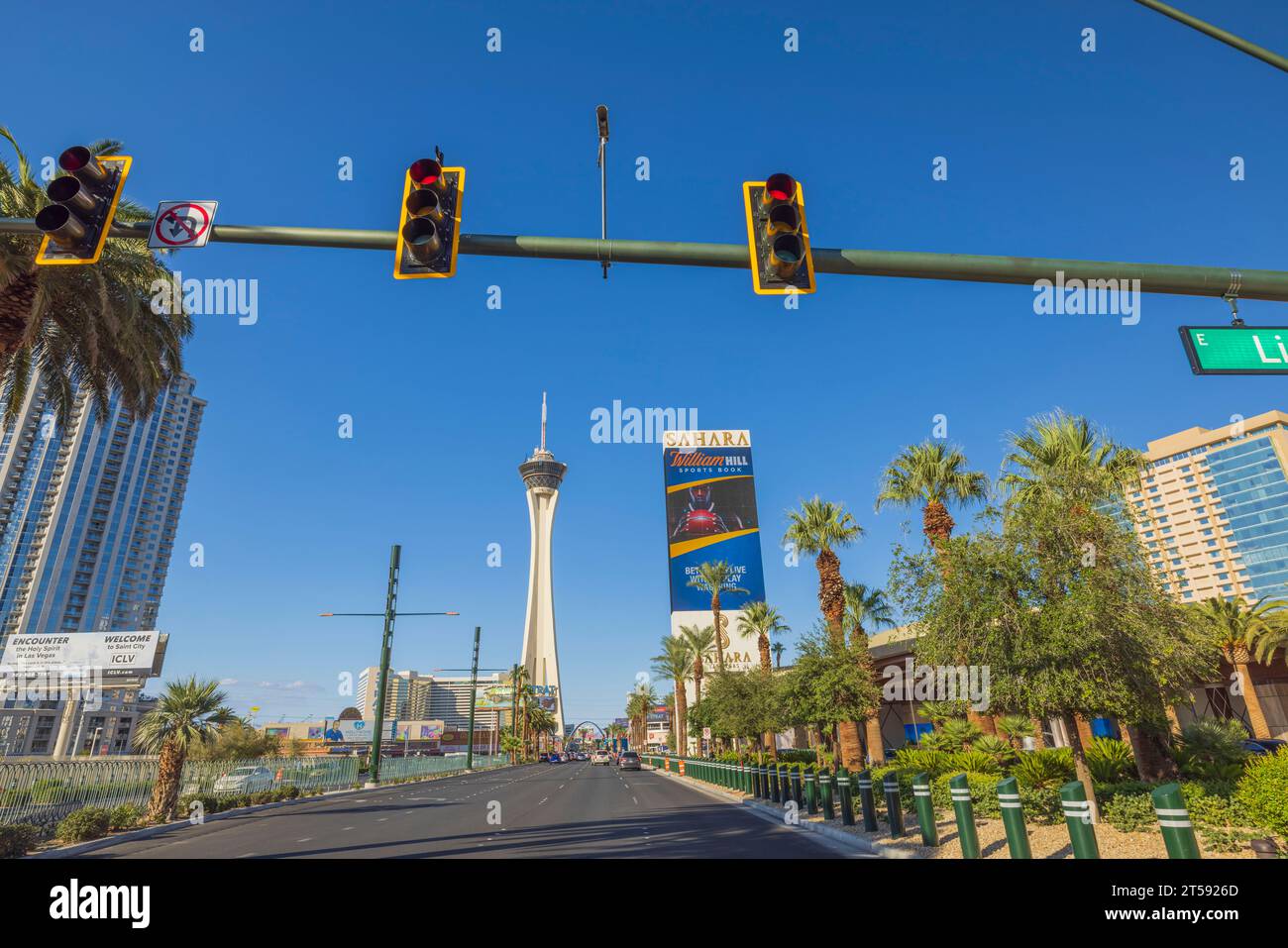 Impressive view of main tower of The Strat casino hotel located on ...