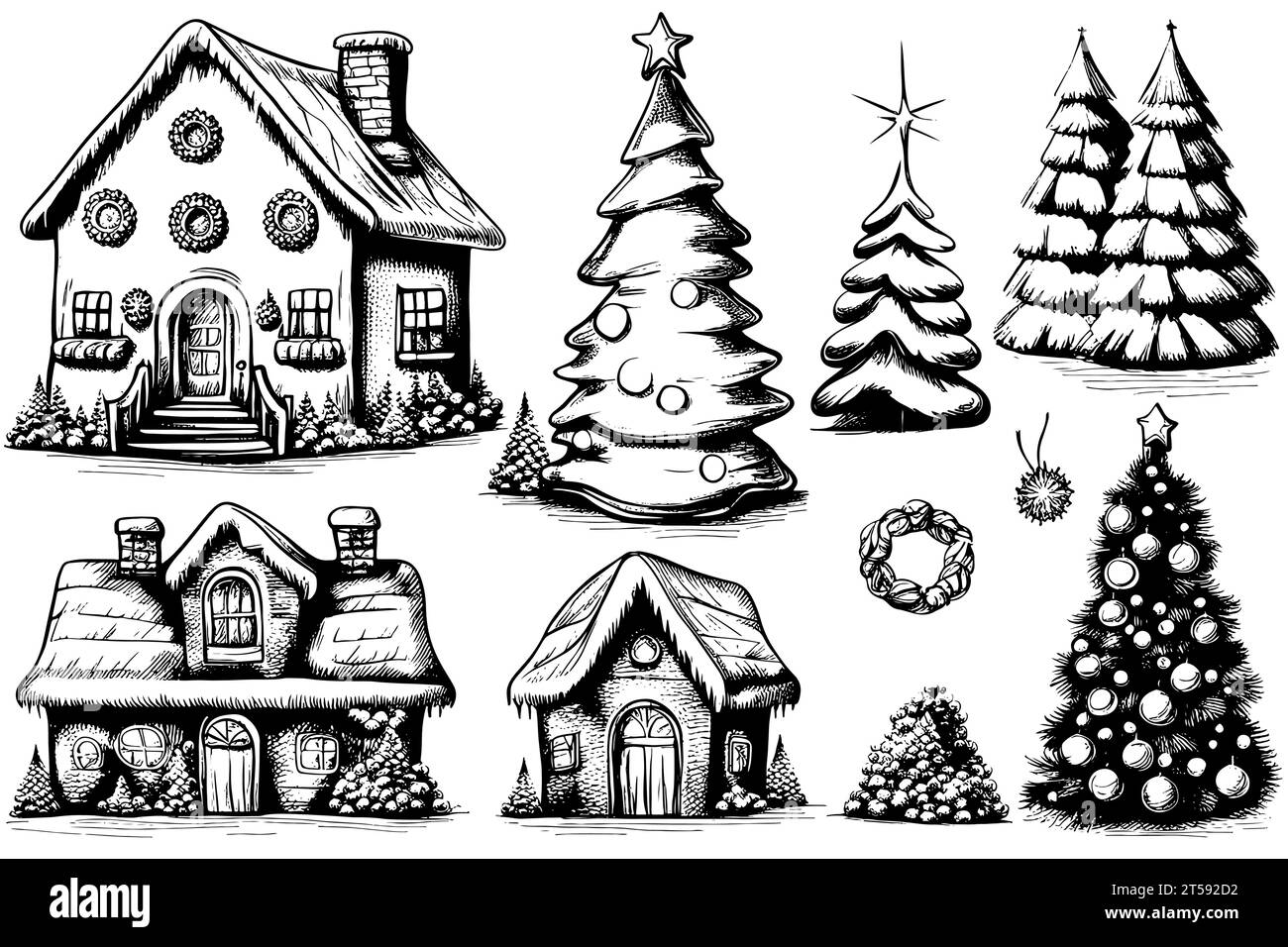 set hand drawn sketches. Cute cottage Christmas tree and paraphernalia ...