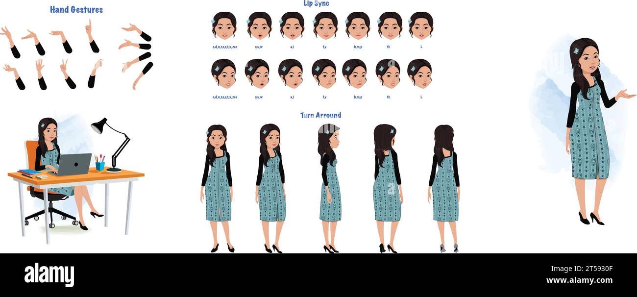 A business woman modelsheet. Businesswoman turn around sheet, hand ...