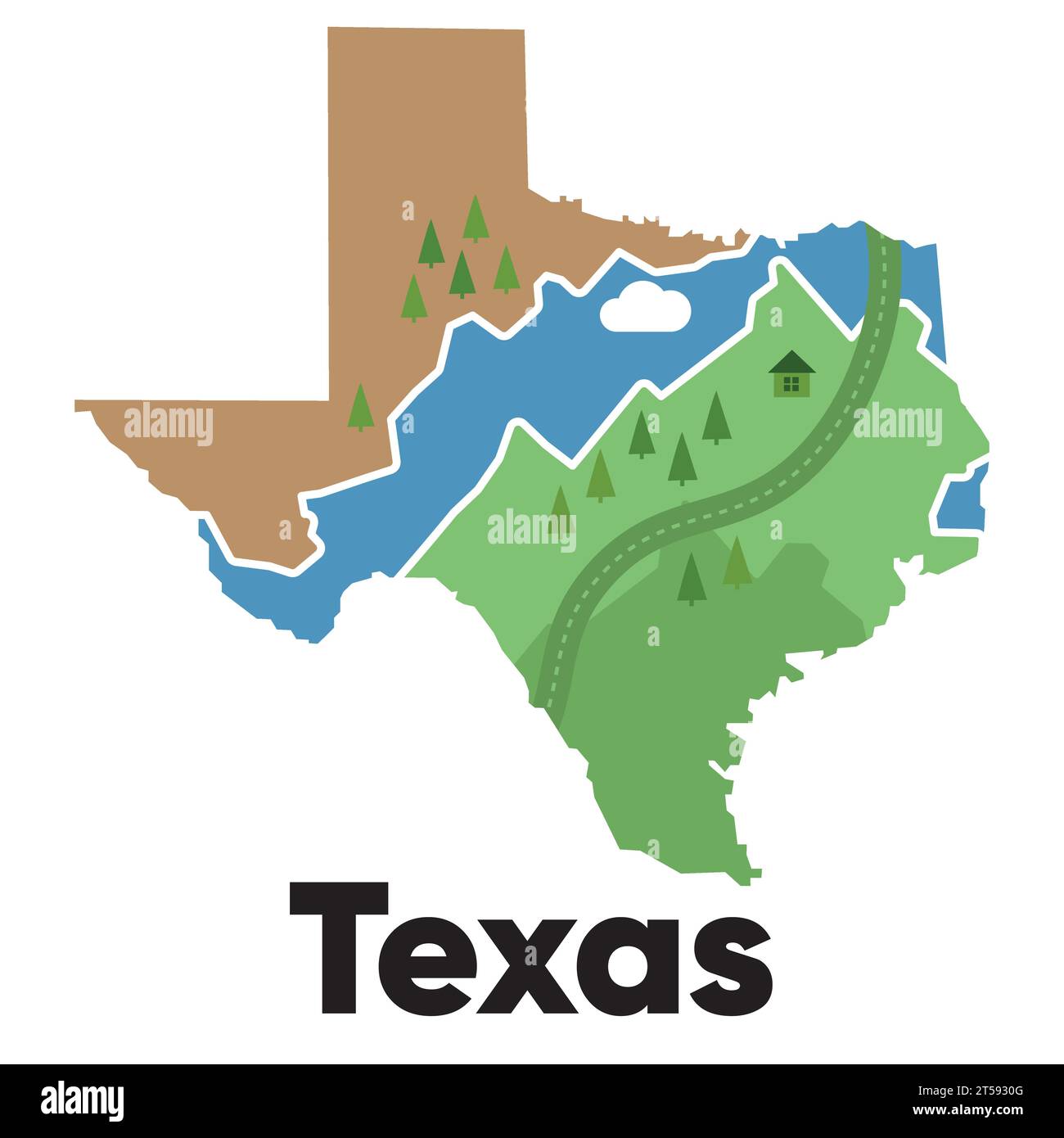 Texas map shape of states cartoon style with forest tree and river ...