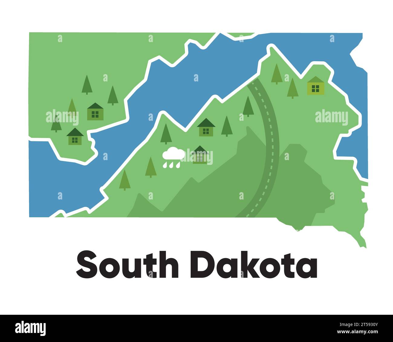 South Dakota map shape United states America green forest hand drawn ...