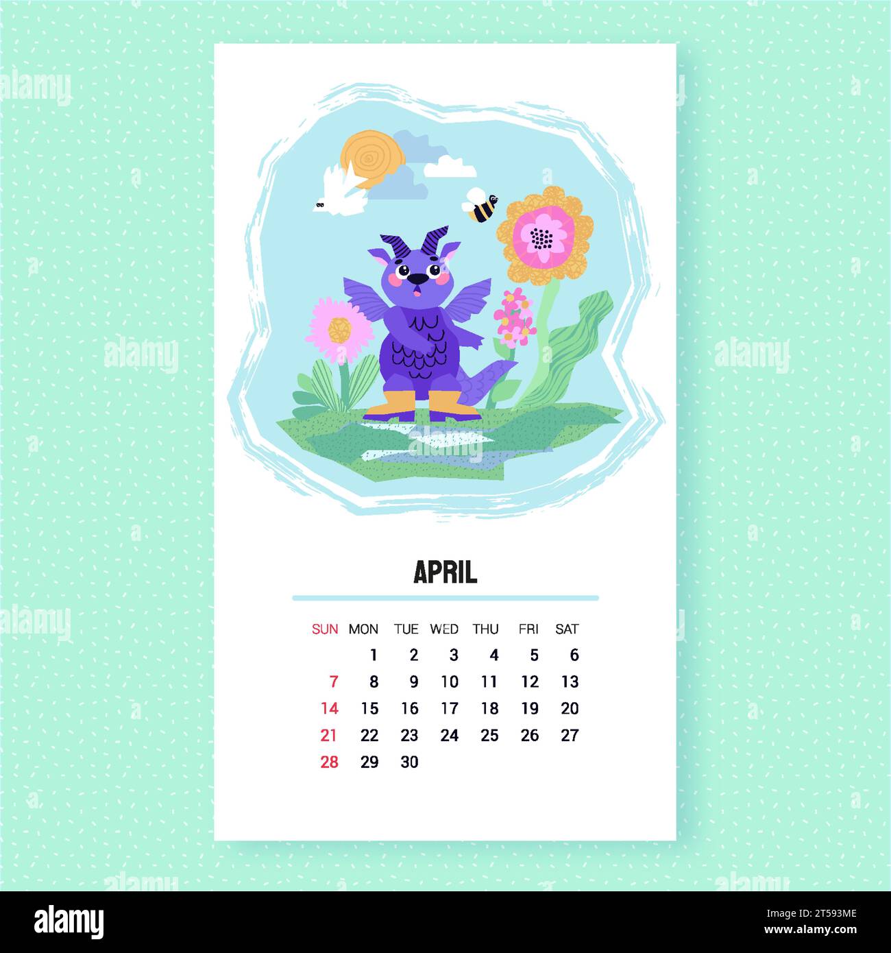 2024 Dragon Calendar. April. Spring season. Cute Dragon cartoon mascot ...