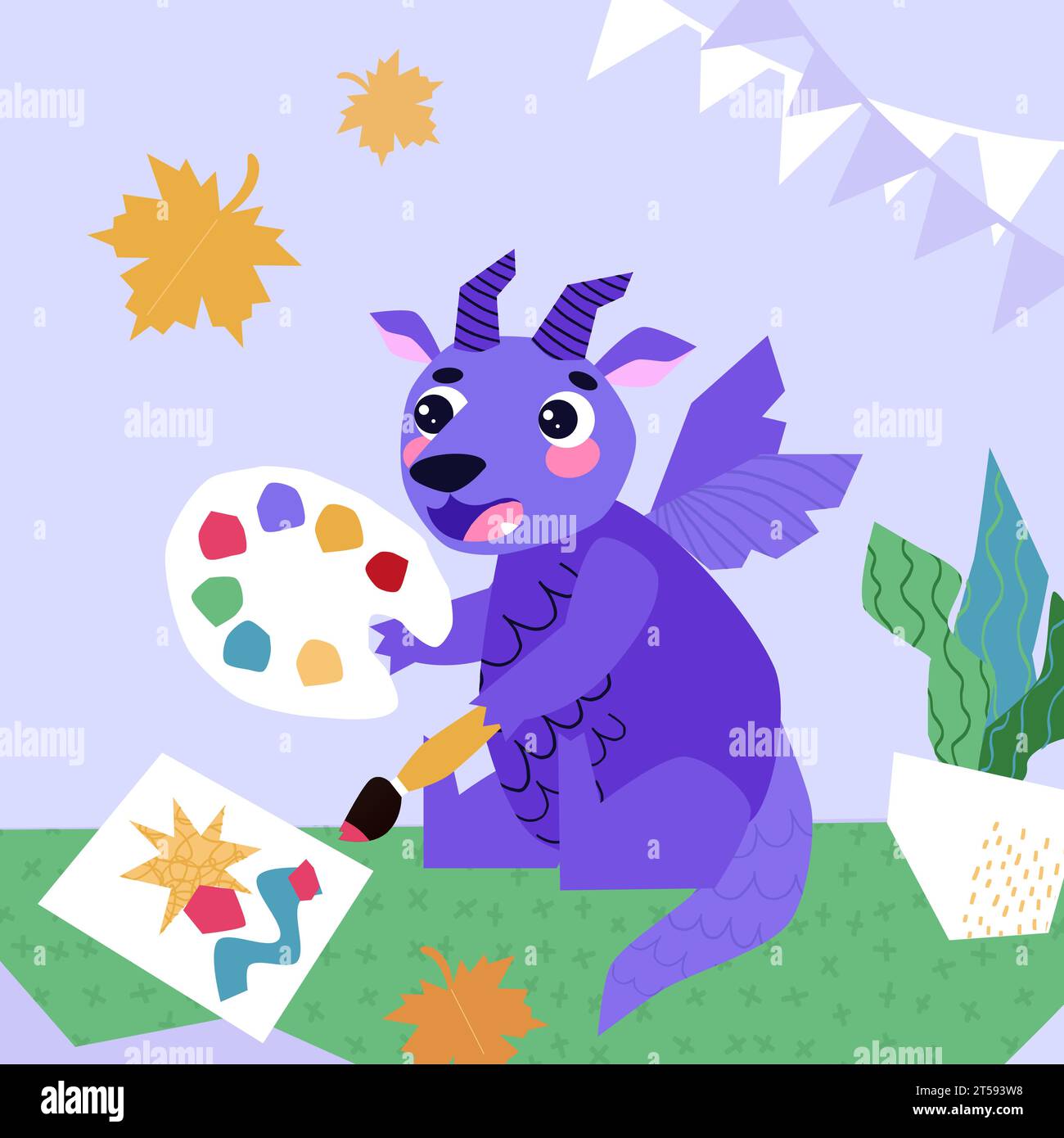 The dragon is sitting in the classroom, drawing a picture with paint ...