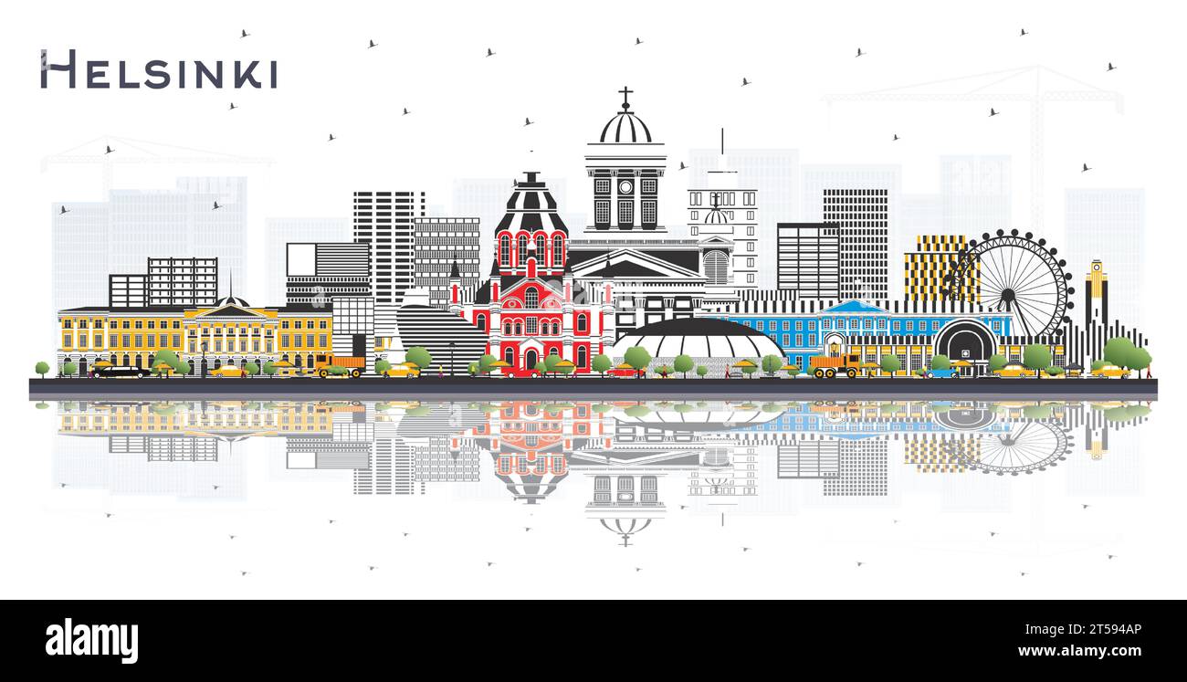 Helsinki Finland city skyline with color buildings and reflections ...