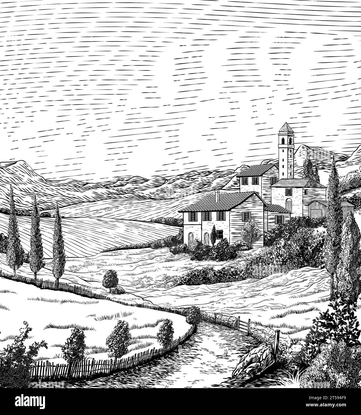 Landscape Rolling Hills Sky Vintage Rural Farm Stock Vector Image & Art ...