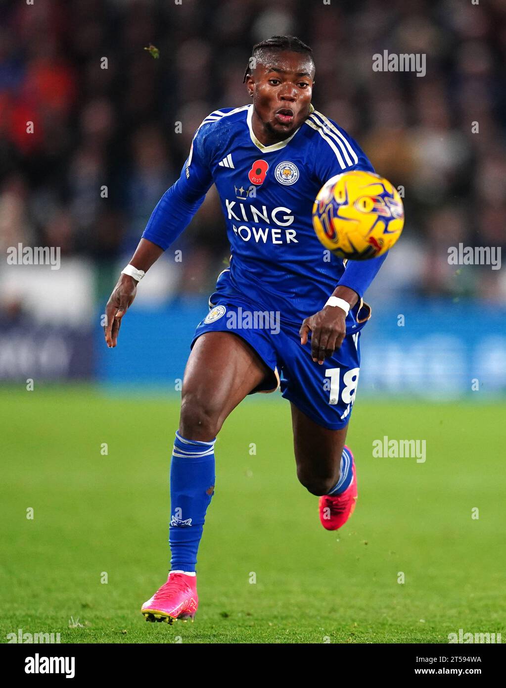 Leicester City's Abdul Fatawu in action during the Sky Bet Championship ...