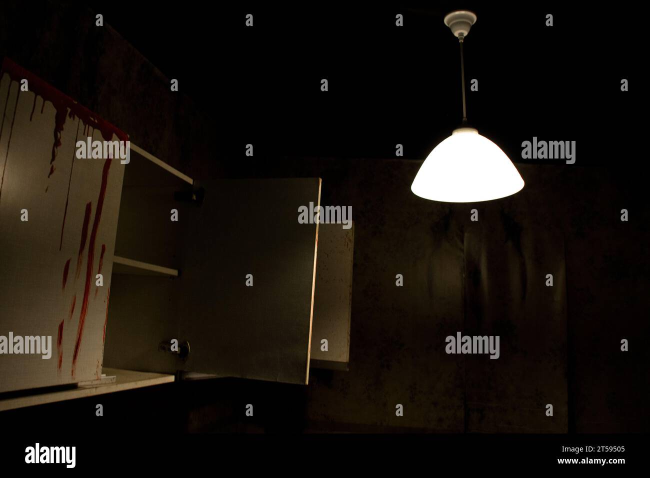 Horror room, kitchen in blood, splashes in the kitchen in the dark and ...