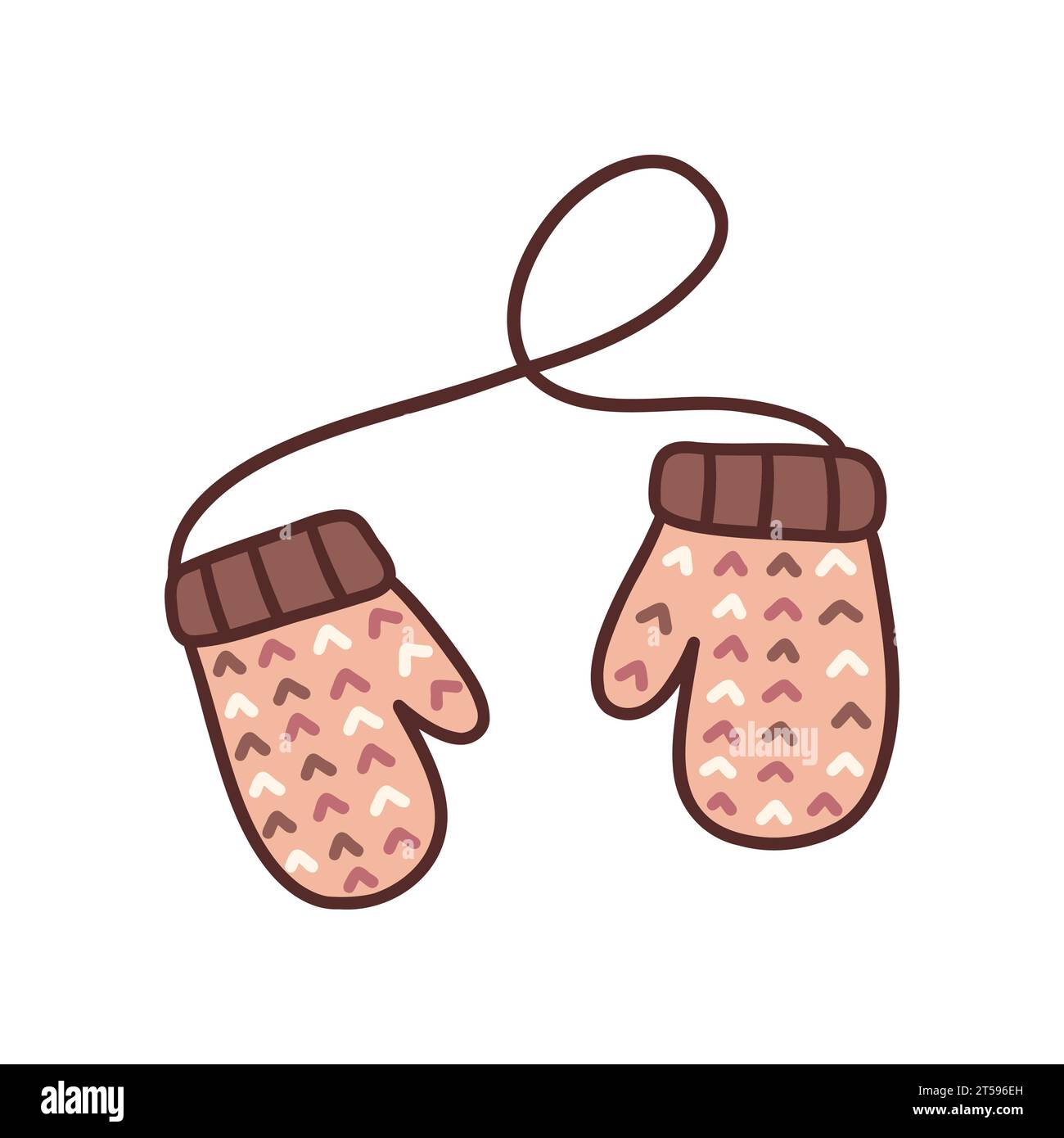 Cute knitted warm mittens on string. Brown color. Winter accessory for ...