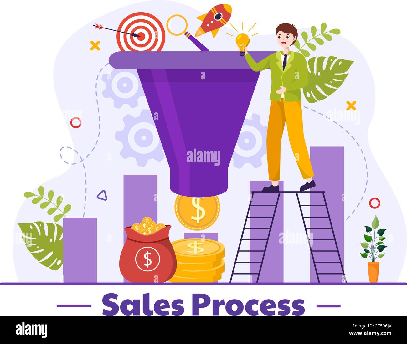 Sales Process Vector Illustration with Steps of Communication for ...