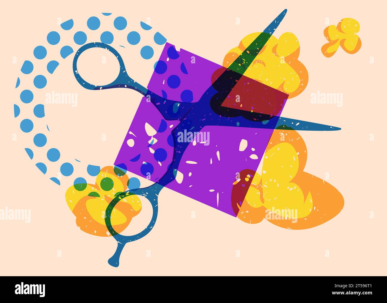 Risograph scissor with geometric shapes. Objects in trendy riso graph ...