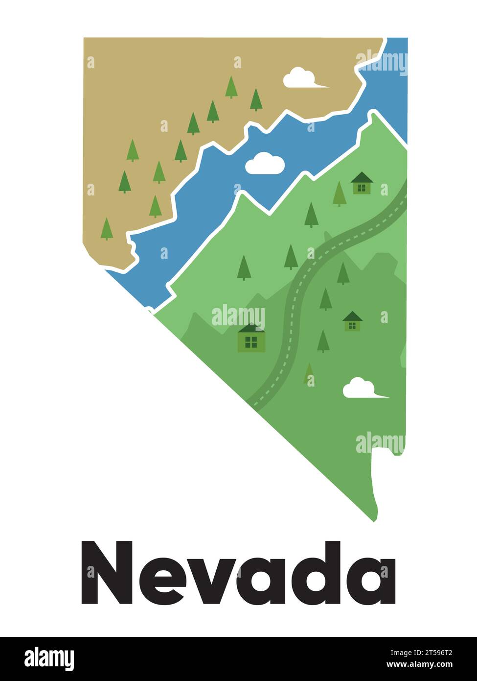 Nevada map shape United states America green forest hand drawn cartoon ...