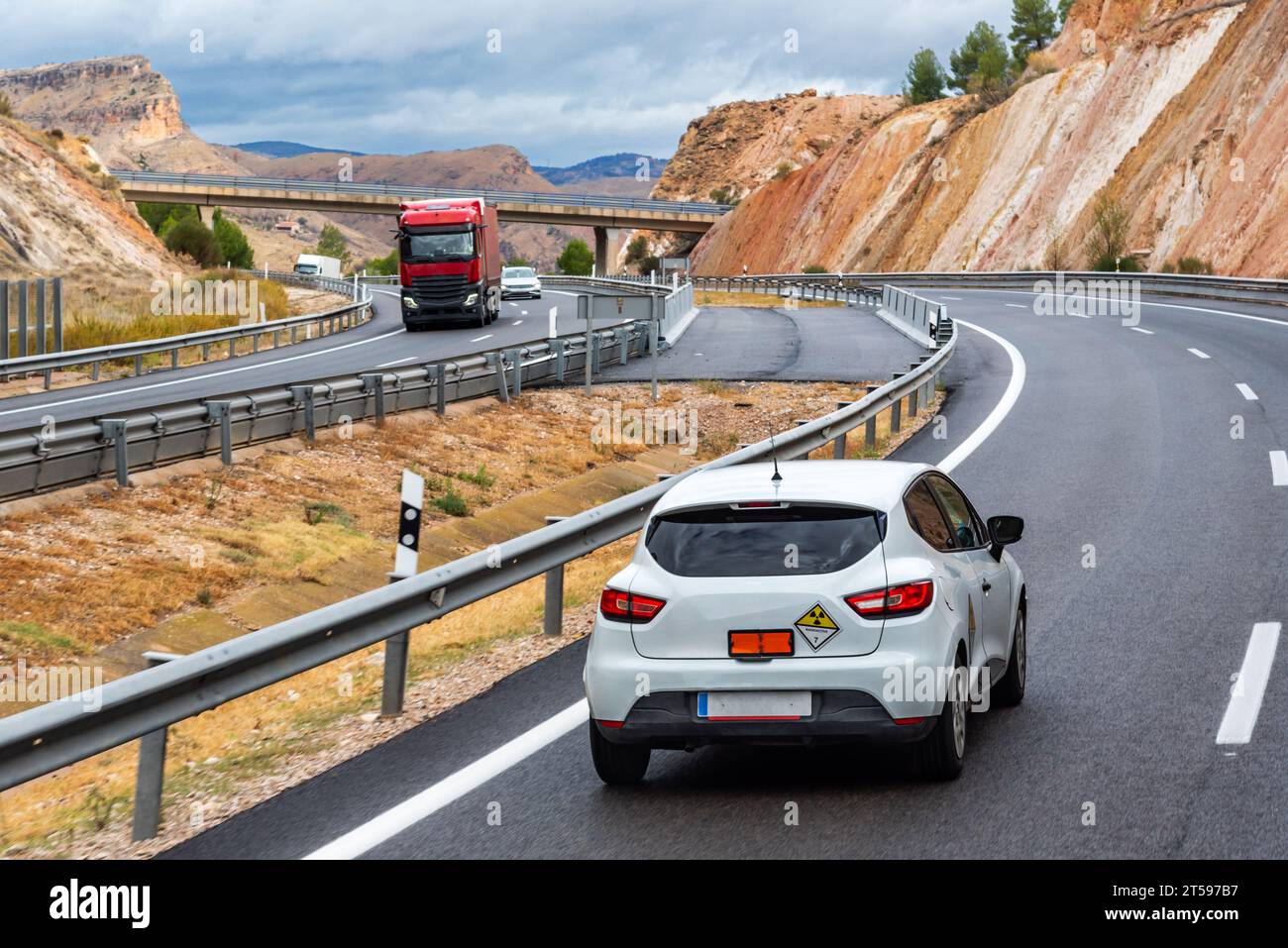 Car with orange unnumbered ADR panel and radioactivity danger label ...