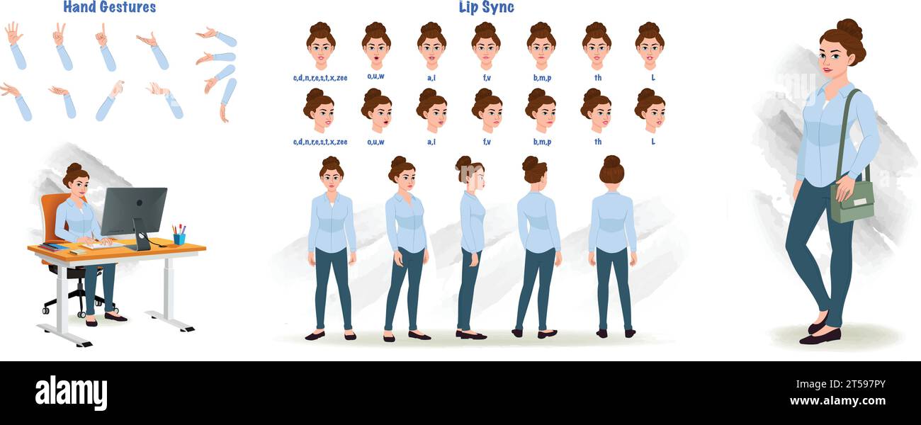 A business woman modelsheet. Businesswoman turn around sheet, hand ...