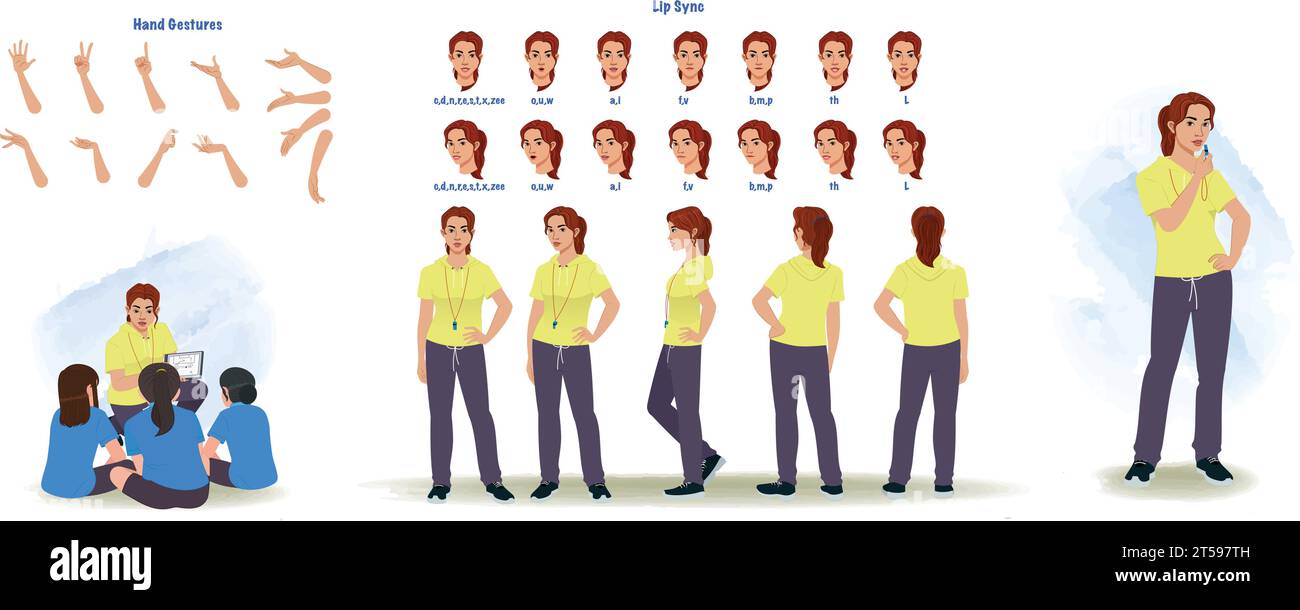 A female trainer, pt teacher model sheet, creation set. Coach turnaround sheet, hand gestures ...