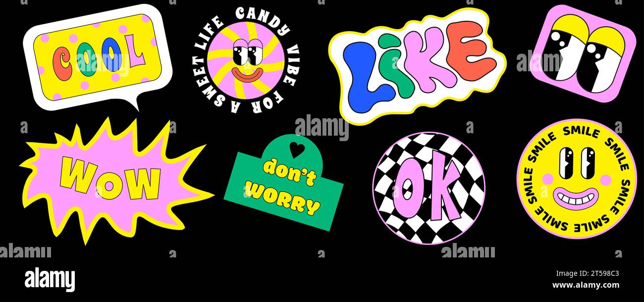 90 Cool Sticker Collage. Neon Print with Retro Millennium Style Patches ...