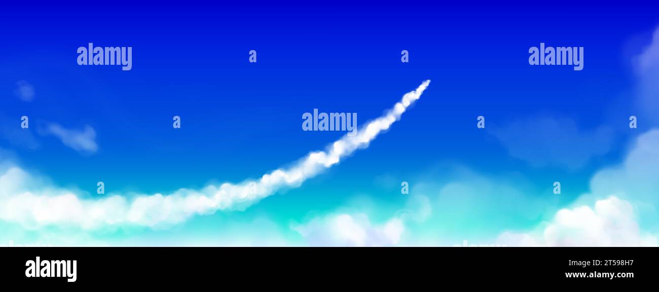 White steam trail from plane or rocket flying up on blue clear sky ...