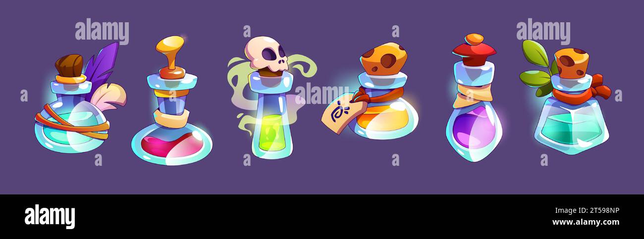 Magic game elixir potion bottle cartoon icon set. Medicine glass flask ...