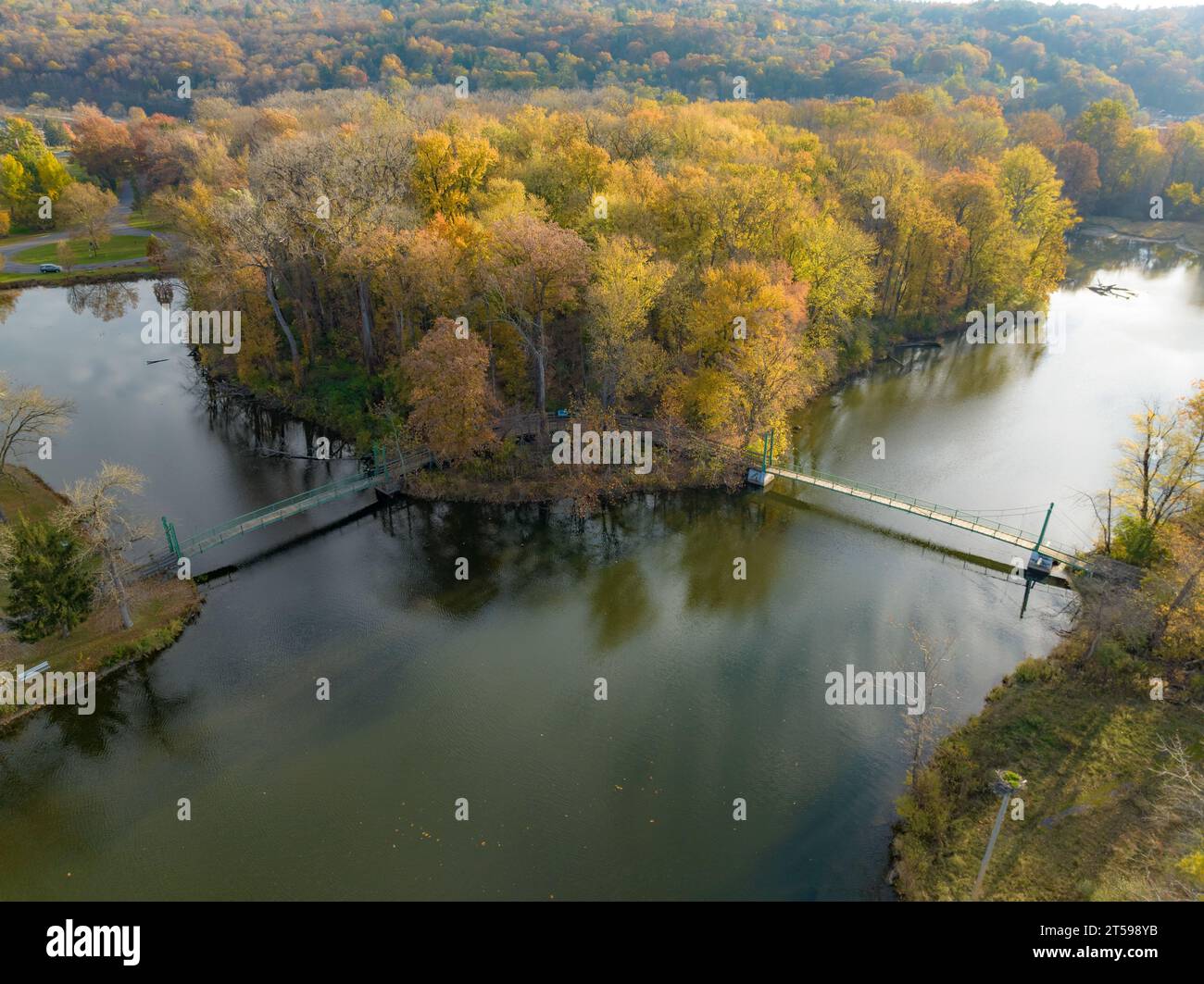 Fall, autumn, drone aerial image with view of Stewart Park at the south ...