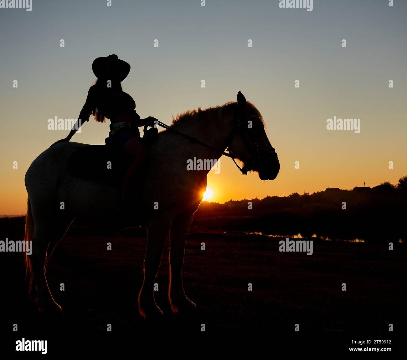 Horseback woman riding on galloping horse with red rising sun on ...