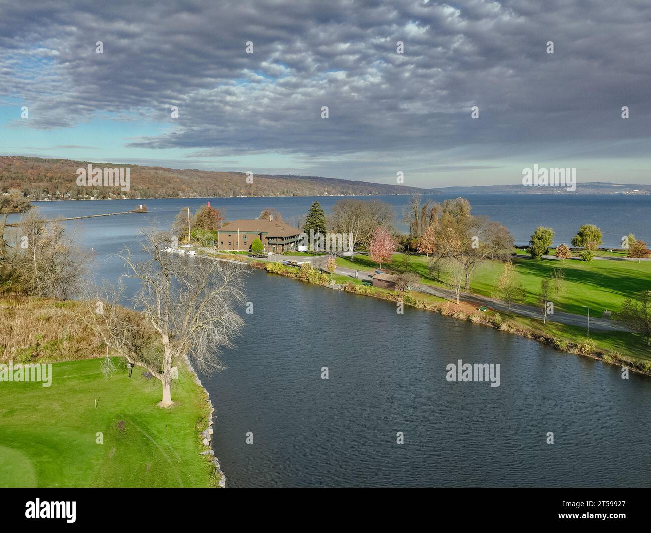 Fall, autumn, drone aerial image with view of Stewart Park at the south ...
