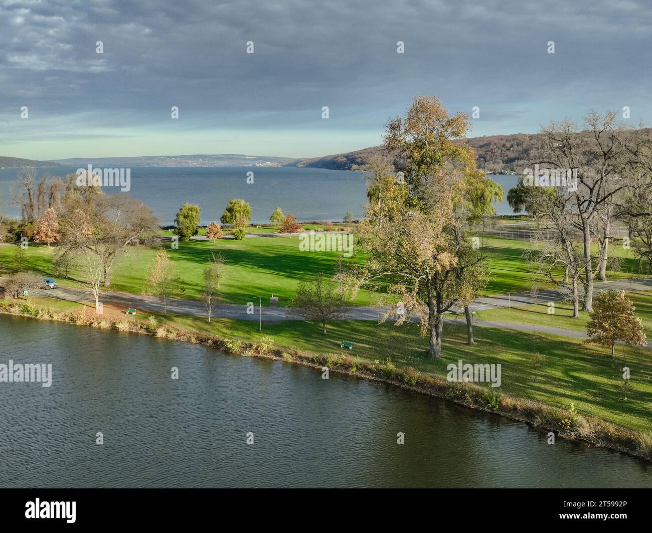 Fall, autumn, drone aerial image with view of Stewart Park at the south ...