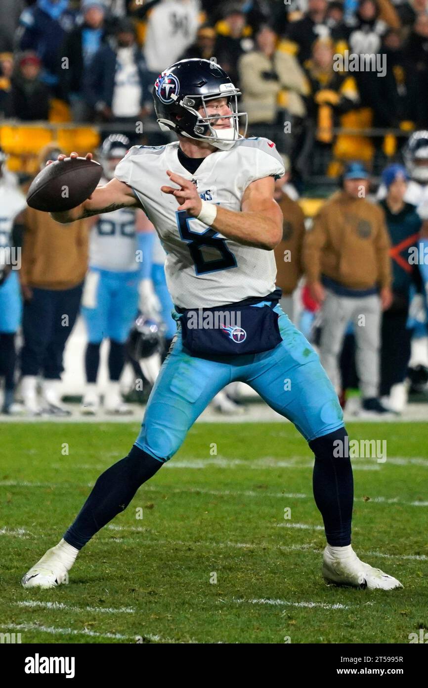Tennessee Titans quarterback Will Levis (8) looks to pass during an NFL ...