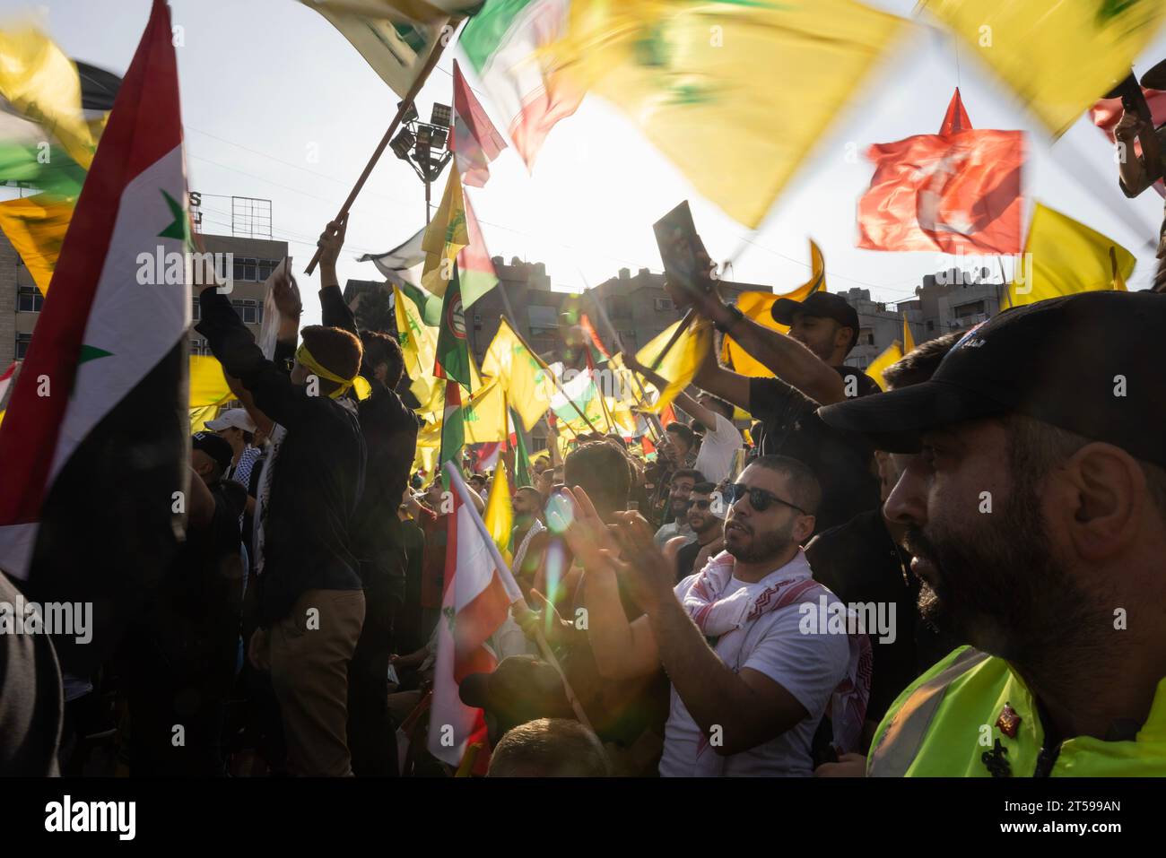 Beirut, Lebanon. 3rd Nov, 2023. People waving flags during Hezbollah ...