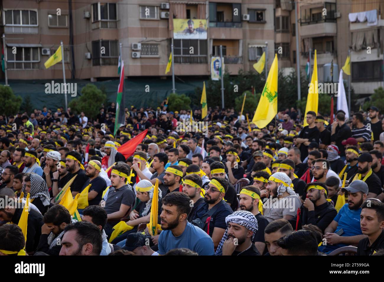 Beirut, Lebanon. 3rd Nov, 2023. People listening during Hezbollah ...